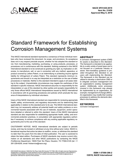 Standard Framework for Establishing Corrosion Management Systems ...