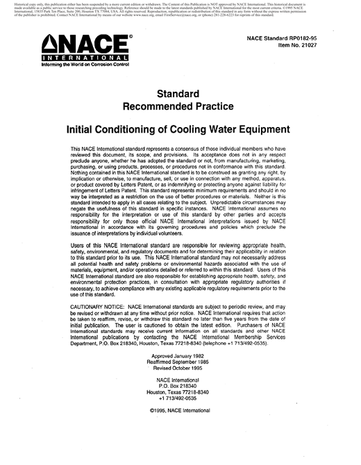 Initial Conditioning of Cooling Water Equipment | Standards ...