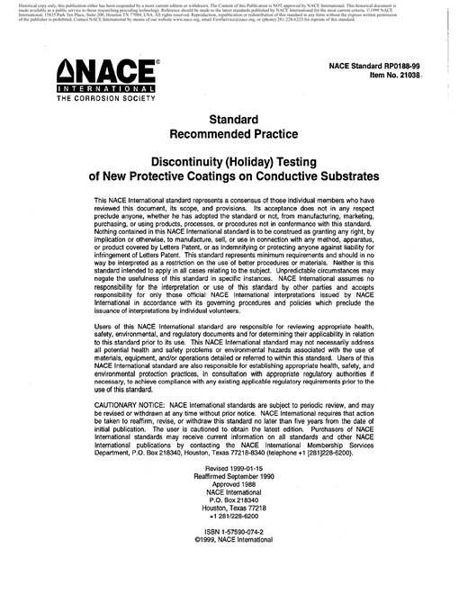 Discontinuity (Holiday) Testing of New Protective Coatings on ...