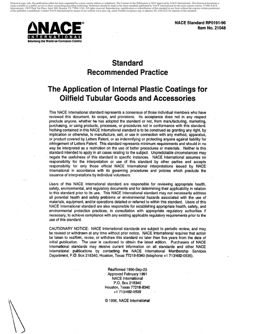 The Application of Internal Plastic Coatings for Oilfield Tubular Goods ...