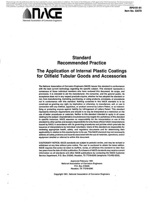 The Application of Internal Plastic Coatings for Oilfield Tubular Goods ...