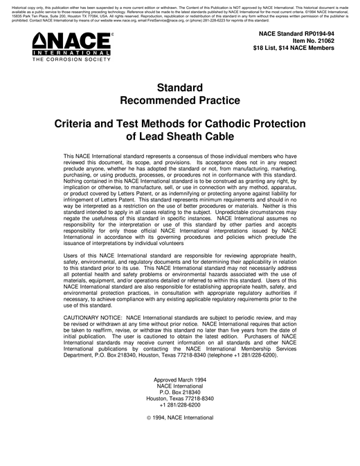 Criteria and Test Methods for Cathodic Protection of Lead Sheath Cable ...