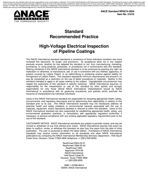 High-Voltage Electrical Inspection of Pipeline Coatings | Standards ...