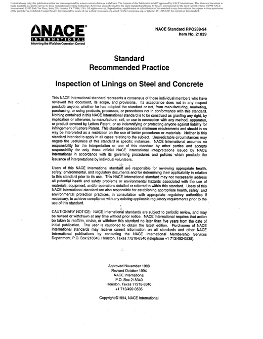 Inspection of Linings on Steel and Concrete | Standards | Association ...
