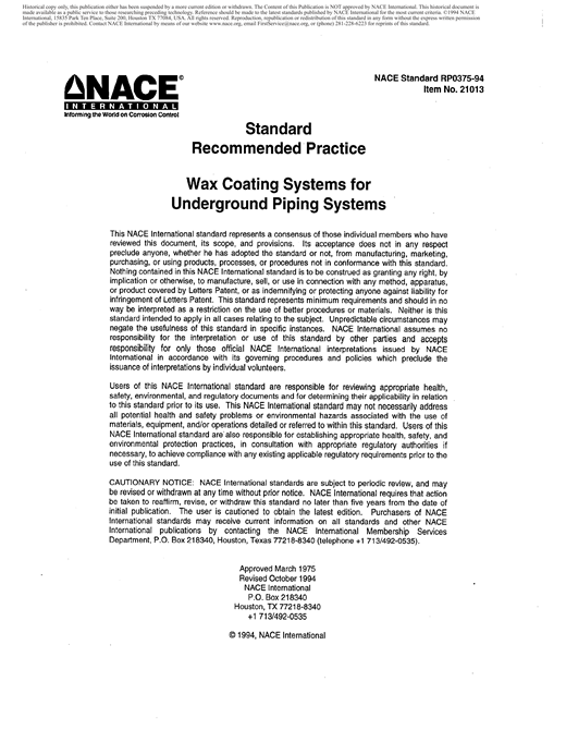 Wax Coating Systems for Underground Piping Systems | Standards ...