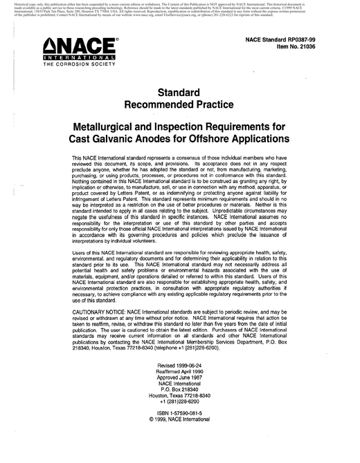 Metallurgical and Inspection Requirements for Cast Galvanic Anodes for ...
