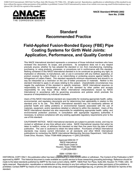 Field-Applied Fusion-Bonded Epoxy (FBE) Pipe Coating Systems for Girth ...