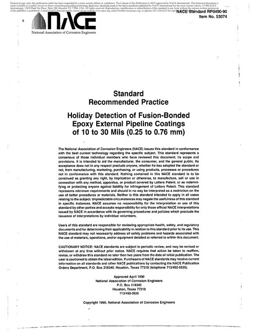 Holiday Detection of Fusion-Bonded Epoxy External Pipeline Coatings of ...