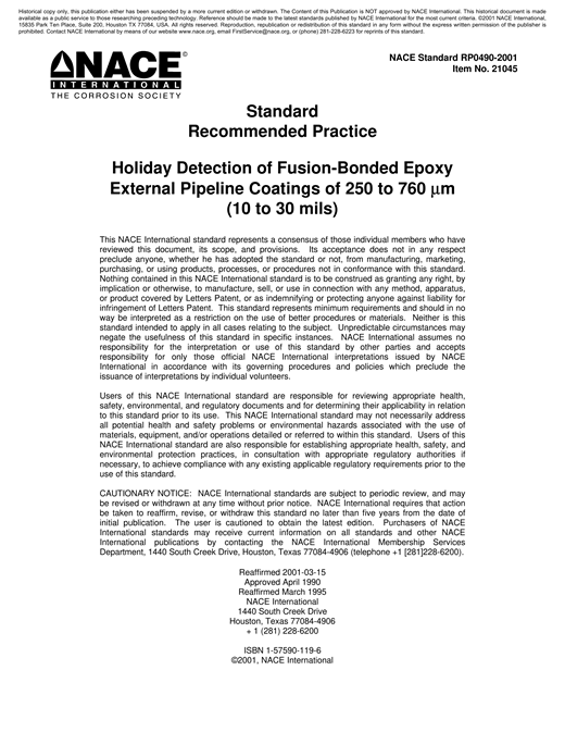 Holiday Detection of Fusion-Bonded Epoxy External Pipeline Coatings of ...