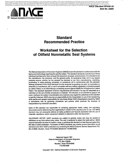 Worksheet for the Selection of Oilfield Nonmetallic Seal Systems ...