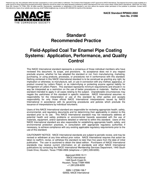 Field-Applied Coal Tar Enamel Pipe Coating Systems: Application ...