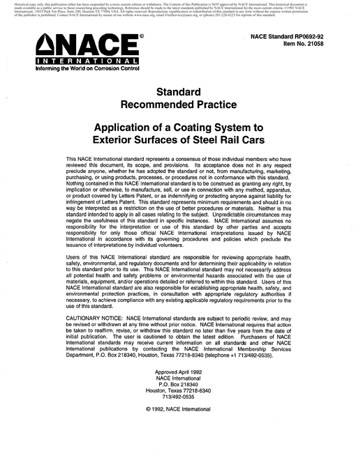Application of a Coating System to Exterior Surfaces of Steel Rail Cars ...