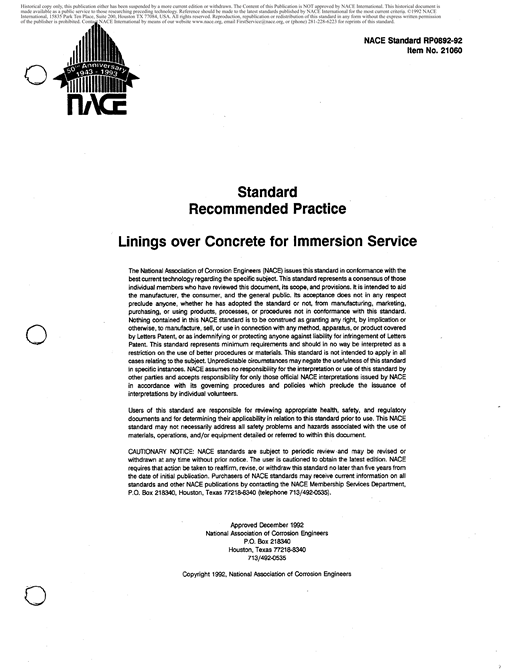 Linings over Concrete for Immersion Service | Standards | Association ...