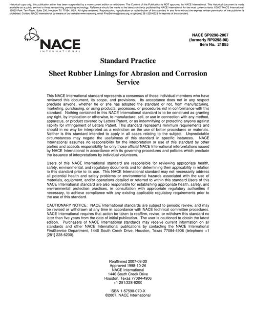 Sheet Rubber Linings for Abrasion and Corrosion Service | Standards ...