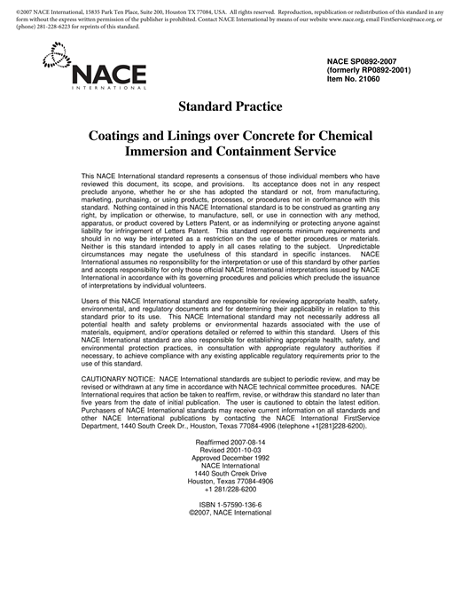 Coatings and Linings over Concrete for Chemical Immersion and ...