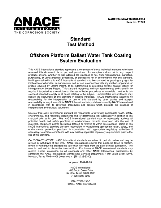 Offshore Platform Ballast Water Tank Coating System Evaluation ...
