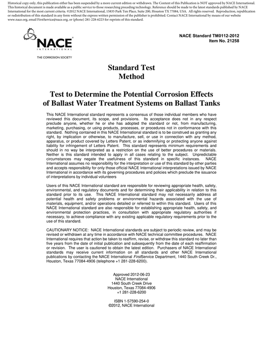 Test to Determine the Potential Corrosion Effects of Ballast Water ...