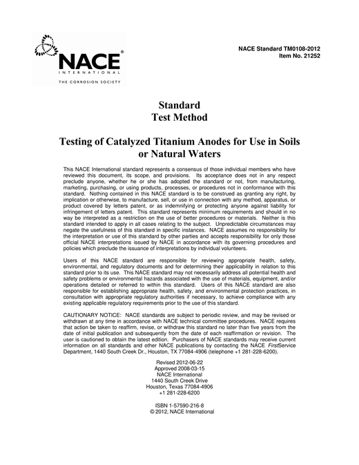 Testing of Catalyzed Titanium Anodes for Use in Soils or Natural Waters ...