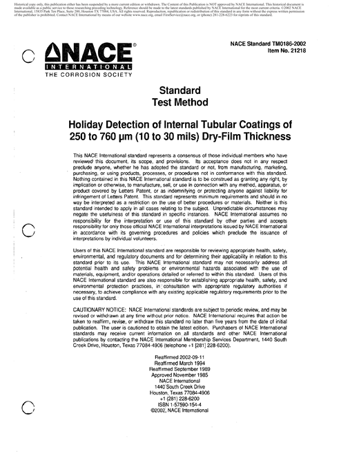 Holiday Detection of Internal Tubular Coatings of 250 to 760 μm (10 to ...