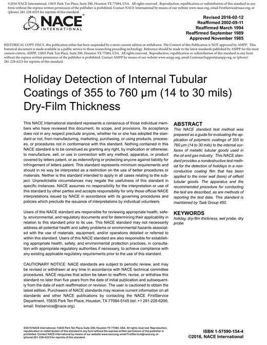 Holiday Detection of Internal Tubular Coatings of 355 to 760 μm (14 to ...