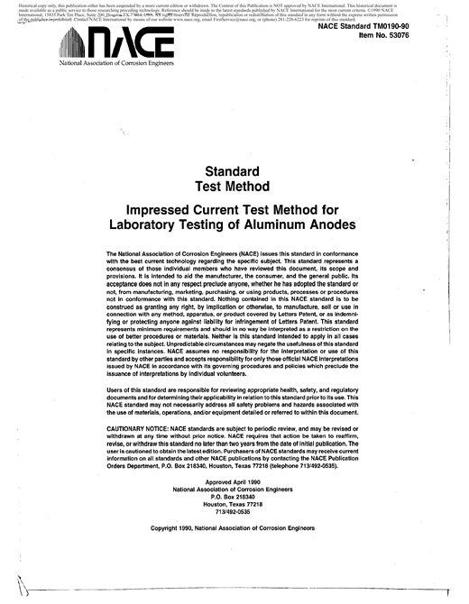 Impressed Current Test Method for Laboratory Testing of Aluminum Anodes ...