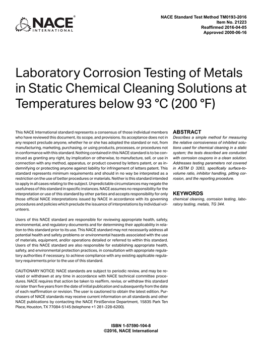 Laboratory Corrosion Testing of Metals in Static Chemical Cleaning ...