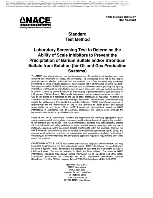 Laboratory Screening Test to Determine the Ability of Scale Inhibitors ...