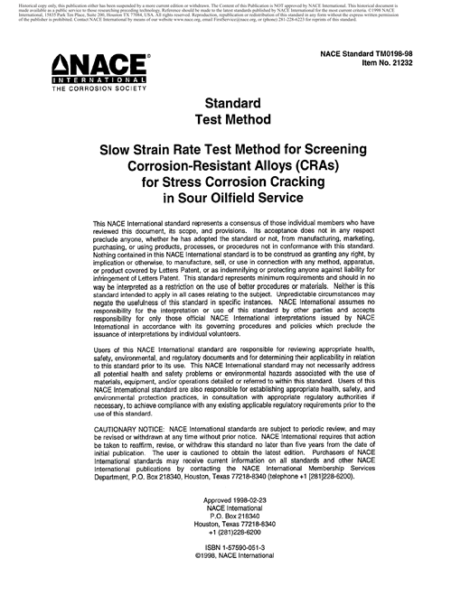 Slow Strain Rate Test Method for Screening Corrosion-Resistant Alloys ...