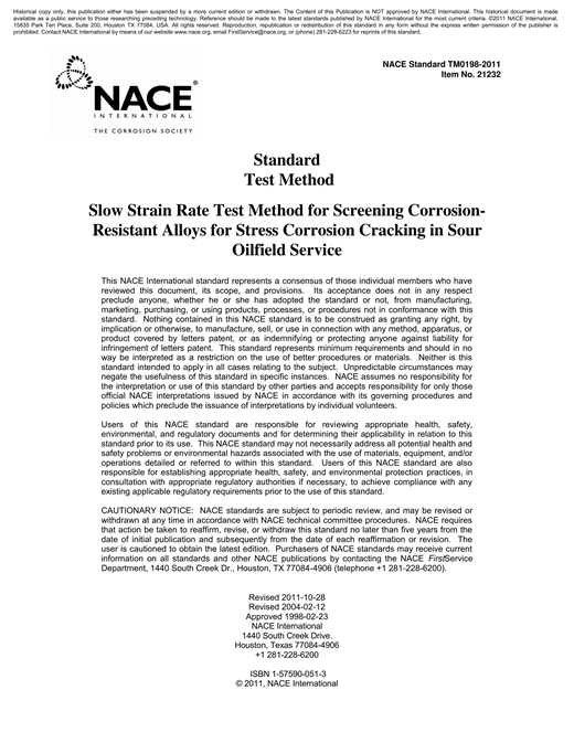 Slow Strain Rate Test Method for Screening Corrosion-Resistant Alloys ...