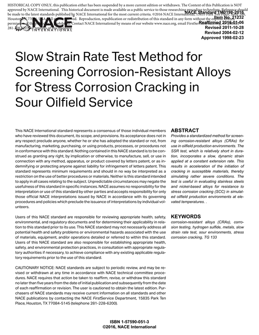 Slow Strain Rate Test Method for Screening Corrosion-Resistant Alloys ...