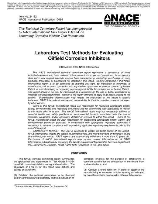 Laboratory Test Methods for Evaluating Oilfield Corrosion Inhibitors ...