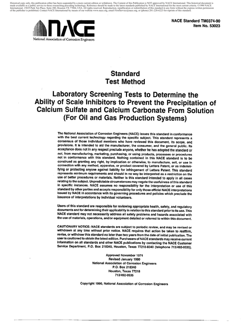 Laboratory Screening Tests to Determine the Ability of Scale Inhibitors ...