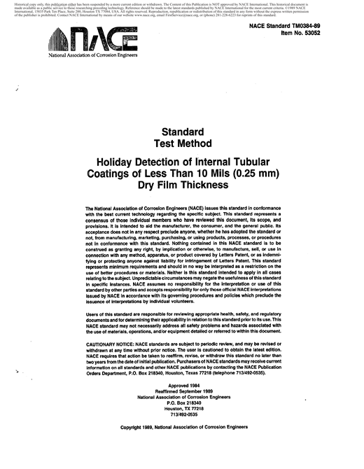 Holiday Detection of Internal Tubular Coatings of Less Than 10 Mils (0. ...