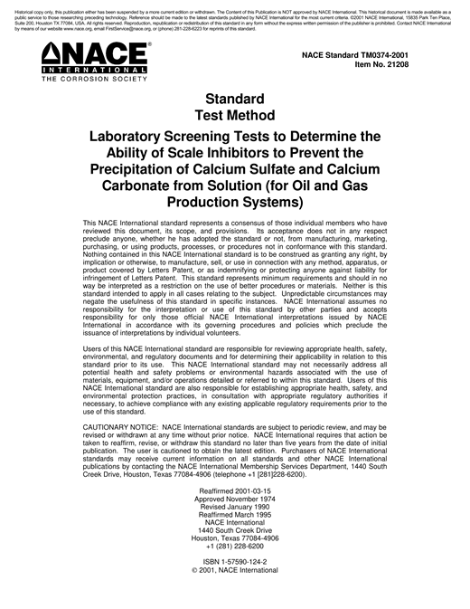 Laboratory Screening Tests to Determine the Ability of Scale Inhibitors ...