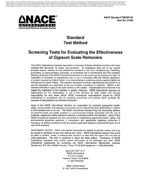Screening Tests for Evaluating the Effectiveness of Gypsum Scale ...