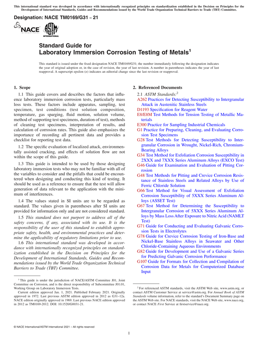 Standard Guide for Laboratory Immersion Corrosion Testing of Metals ...